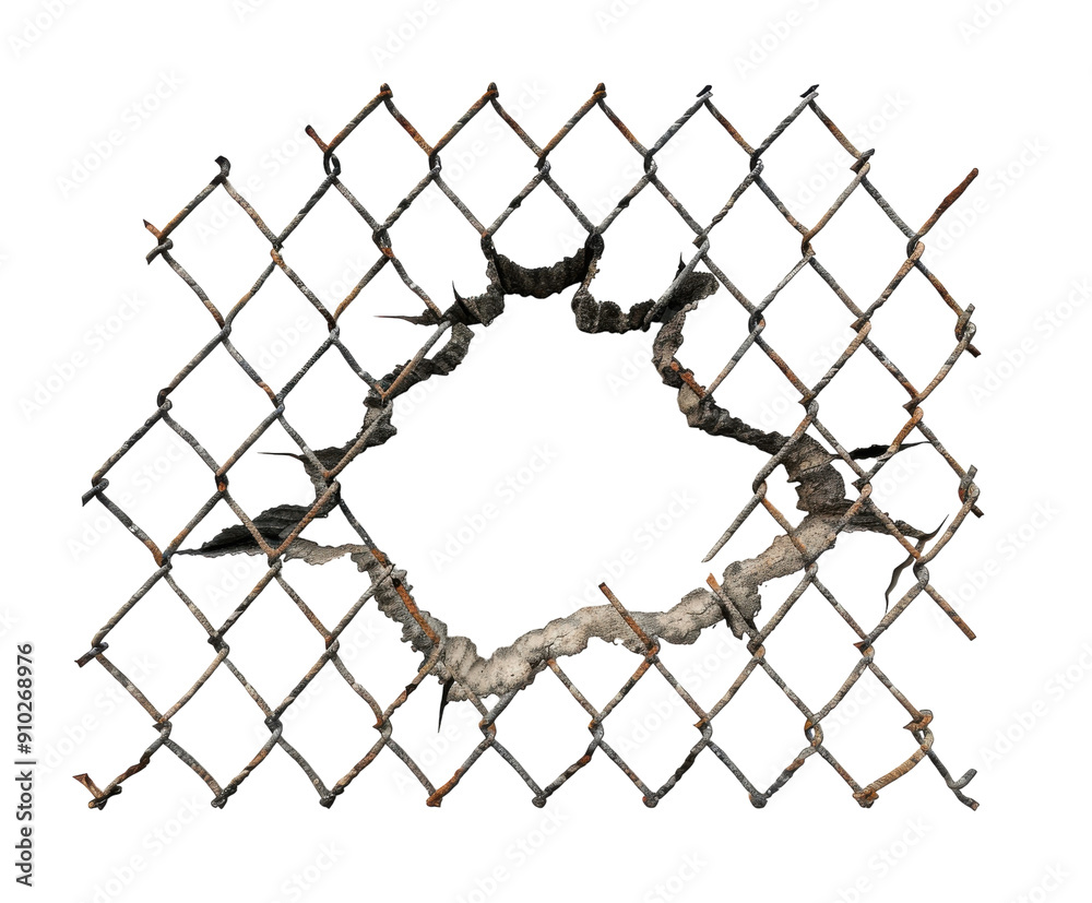 Broken wire fence with a hole in the middle on white background. PNG ...