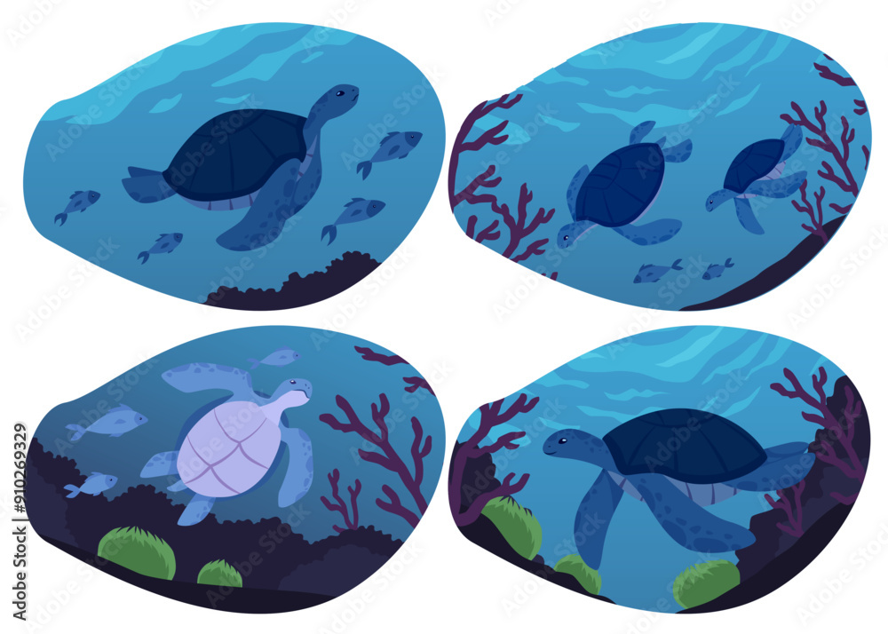 Sea turtles in ocean bottom wild life with fish, corals algae, cartoon ...