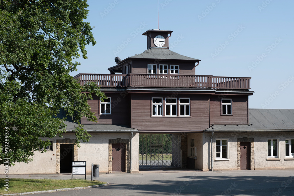 Buchenwald concentration camp entrance gate building. 3:15 p.m. was the ...