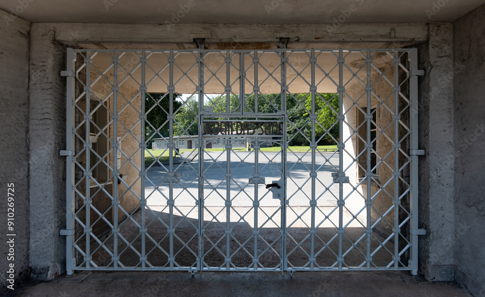 The main gate of Buchenwald concentration camp, showing the motto ...