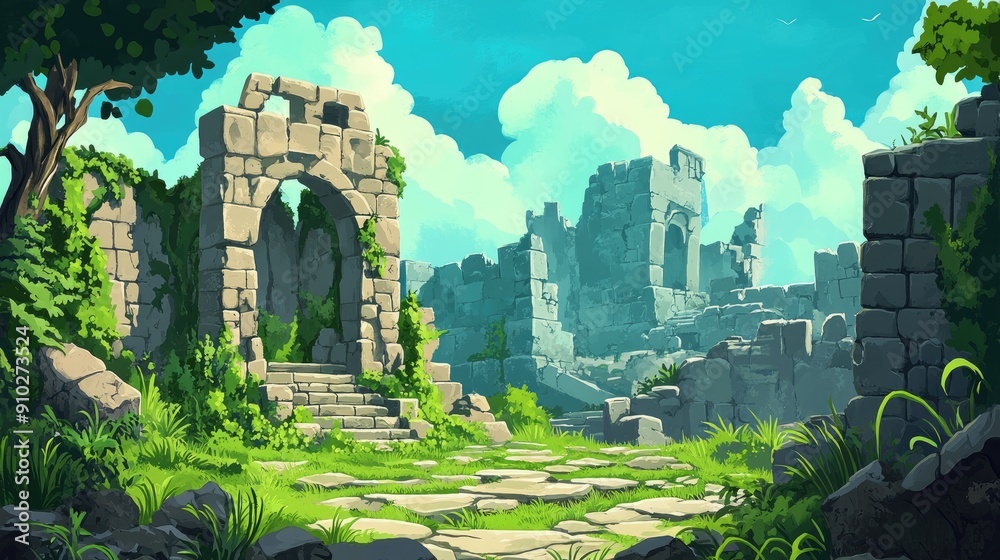 Cartoon illustration of ancient ruins, featuring crumbling stone ...