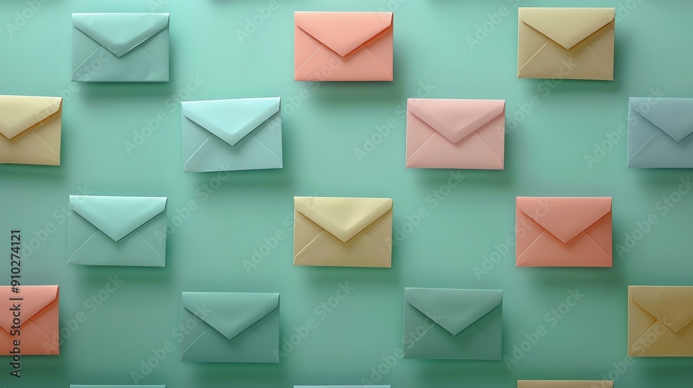 Three dimensional pattern of rows of pastel colored envelopes flat laid ...