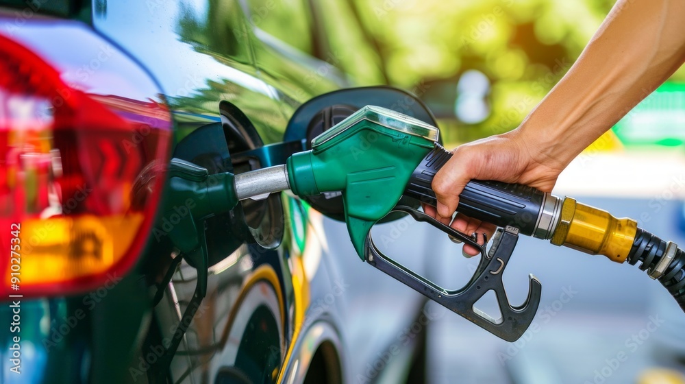 Person refuels car at gas station with yellow-tipped nozzle. Scene ...