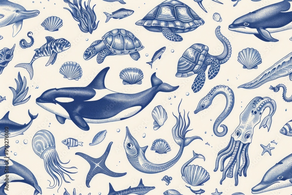 Blue sea creatures illustration. Big vector collection, isolated ...