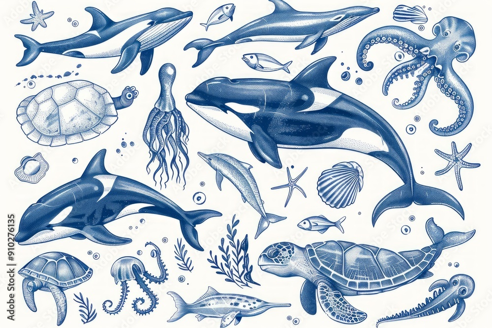 Blue sea creatures illustration. Big vector collection, isolated ...