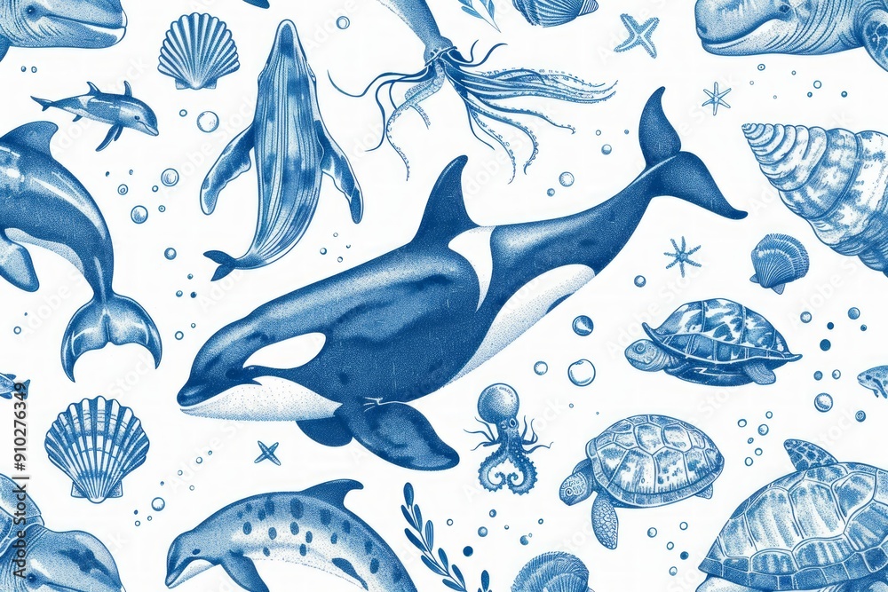Blue sea creatures illustration. Big vector collection, isolated ...