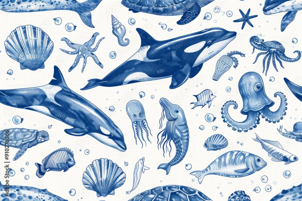 Blue sea creatures illustration. Big vector collection, isolated ...