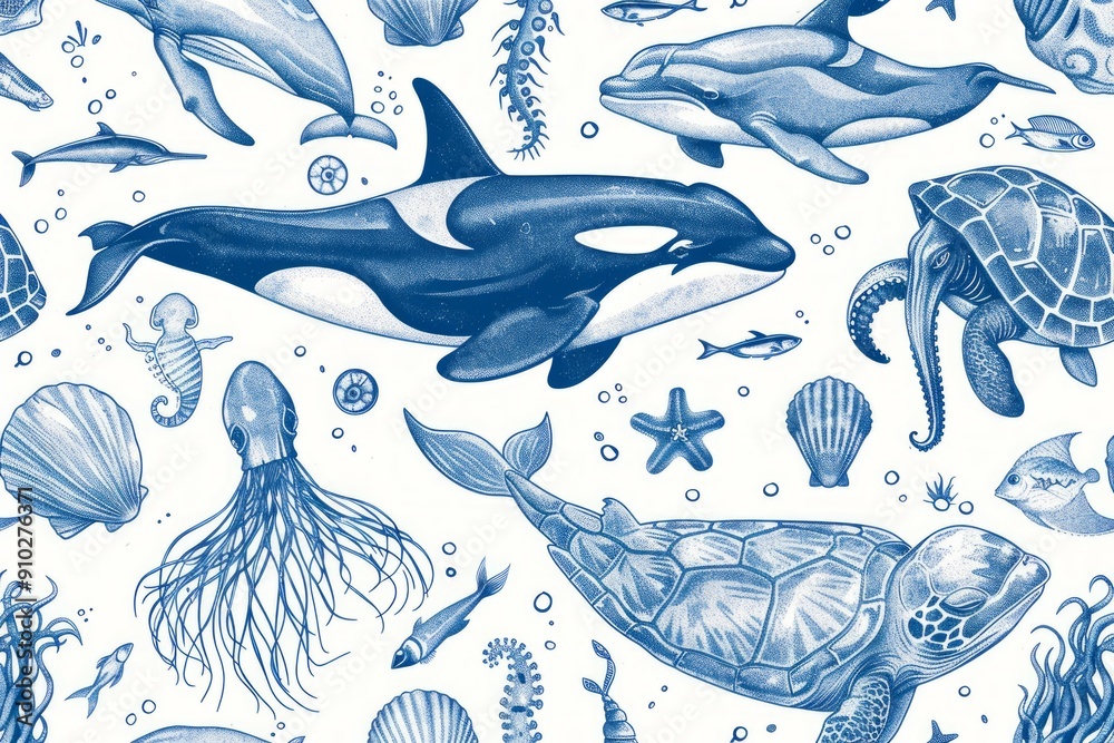 Blue sea creatures illustration. Big vector collection, isolated ...