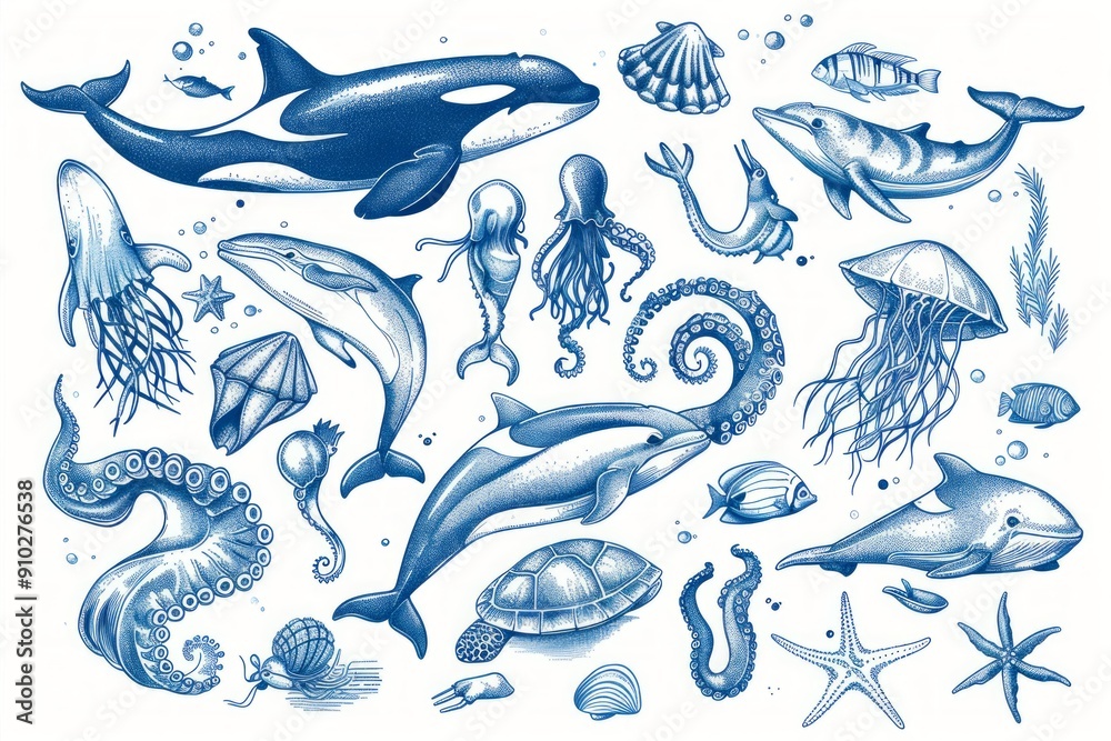 Blue sea creatures illustration. Big vector collection, isolated ...