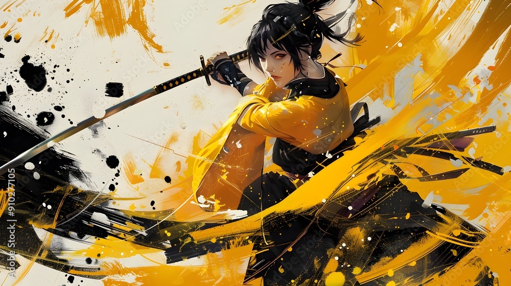 Fierce Samurai Warrior Woman Attacks with Katana Sword in Dramatic ...