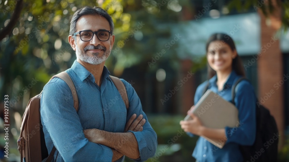 Portrait of mature grey hair male international Indian student with ...