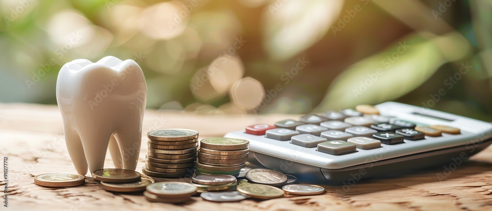 Ceramic model of a human tooth, calculator and stack of coins, green ...