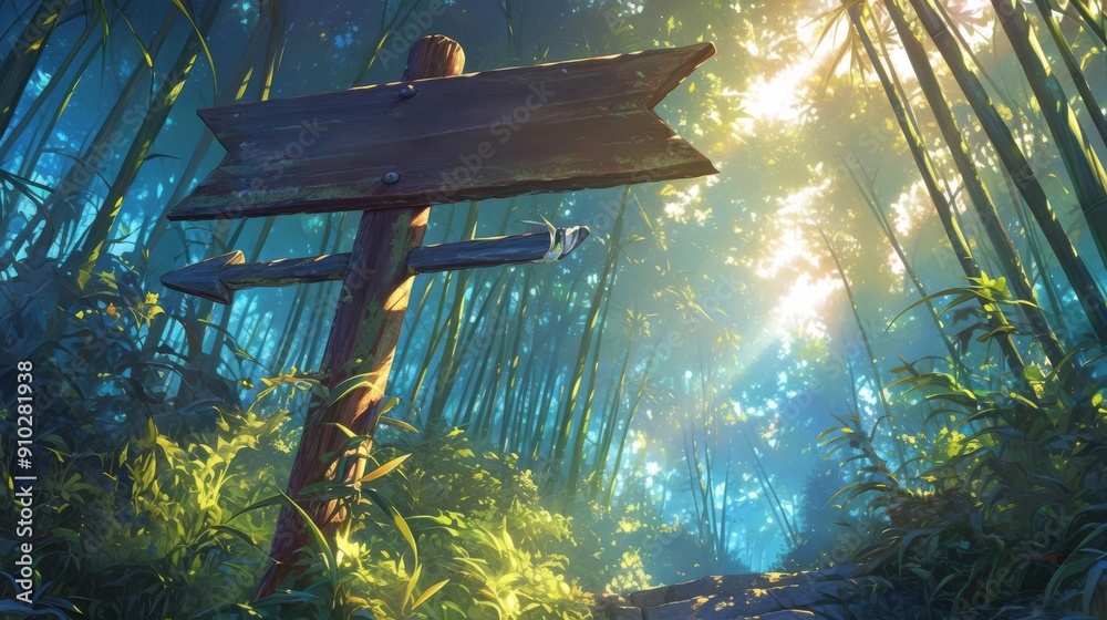 Bamboo Forest Signpost A rustic wooden signpost with directional arrows ...