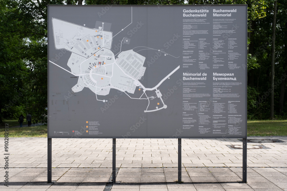 Stand with map of Buchenwald concentration camp with memorial's outdoor ...
