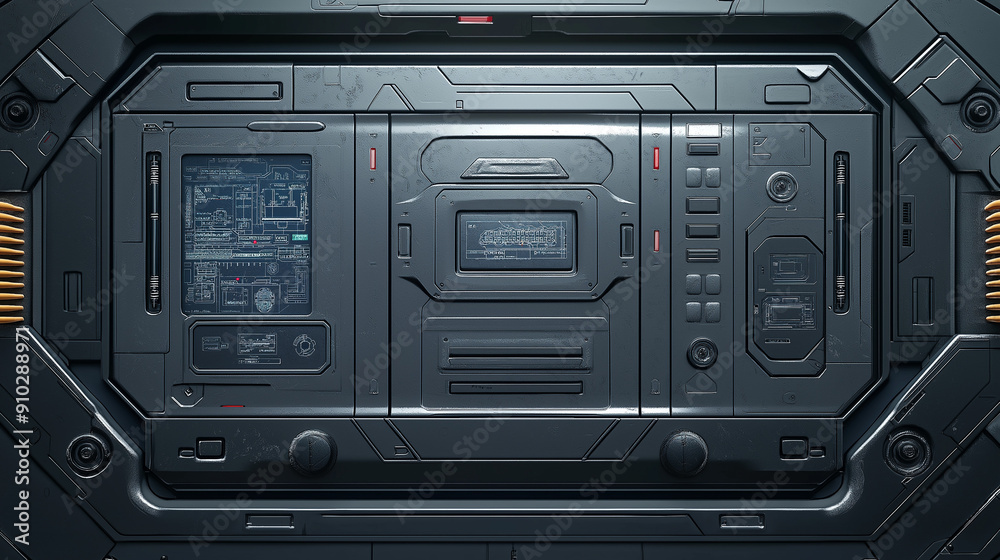 A detailed futuristic control panel with multiple screens and ...