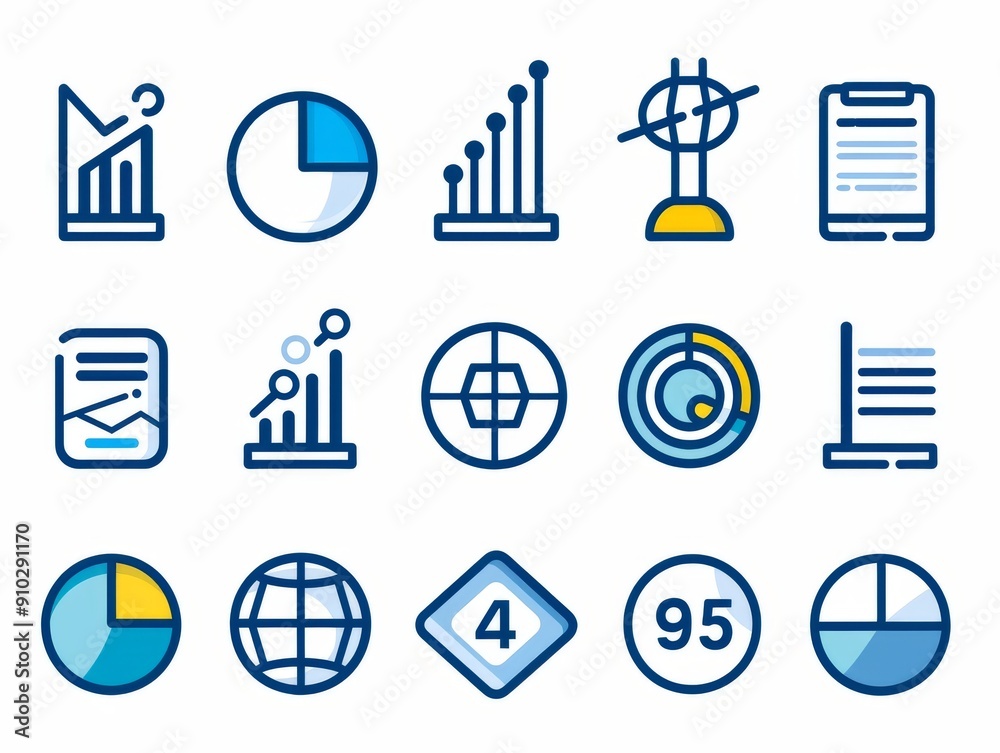 business analytics symbols such as a bar chart, pie chart, line graph, data points Stock ...