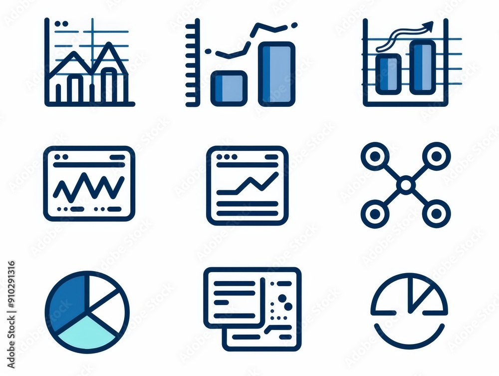business analytics symbols such as a bar chart, pie chart, line graph ...