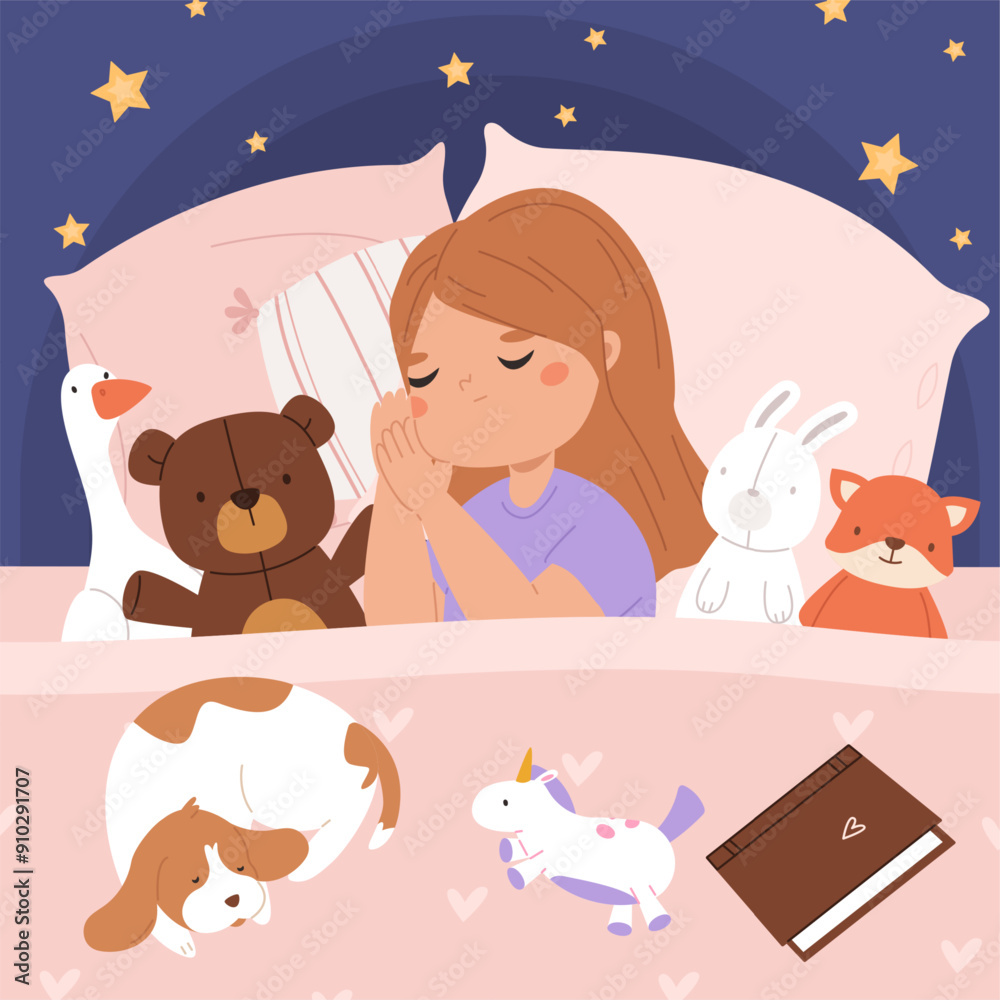 Baby sweet dream. Cute girl nap time, sleep with toys friends, book and ...