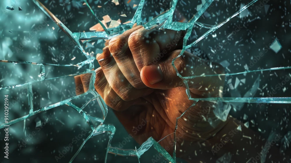 Hand breaking through glass. A powerful hand smashes through a pane of ...