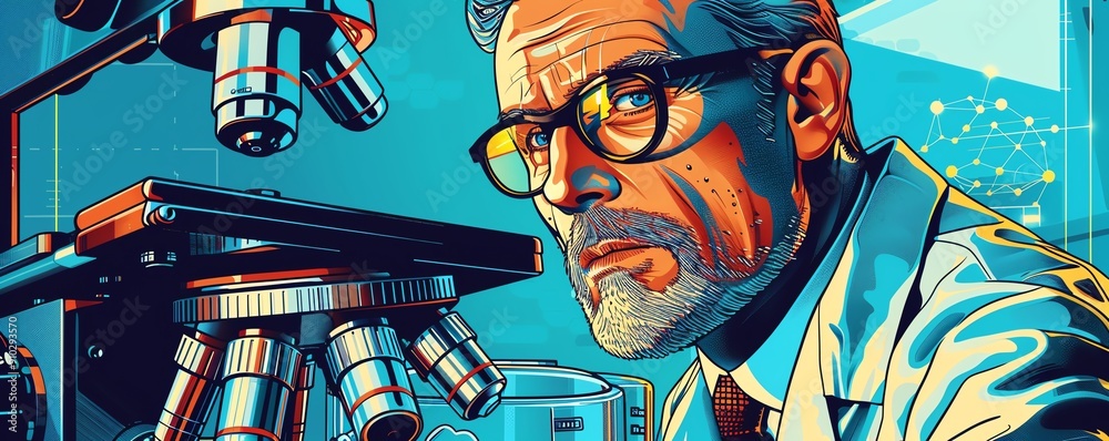 Pop art scientist in a lab Colorful background with retro comic style ...