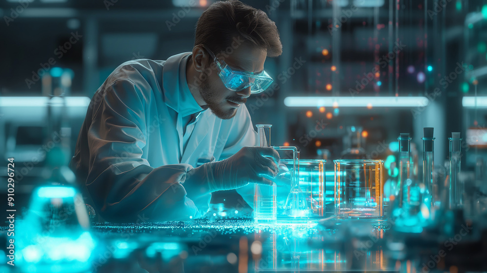 Scientist in futuristic laboratory with digital data overlay. Perfect ...