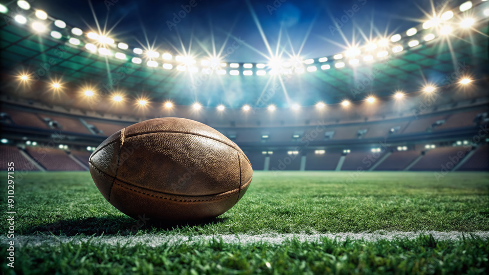A close-up of a worn, dimly lit football lying on a vibrant, green ...