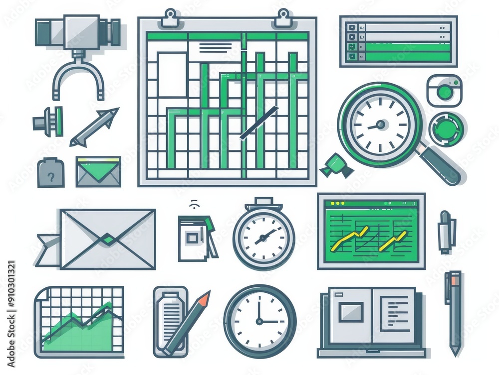 project management icons including a Gantt chart, project timeline ...