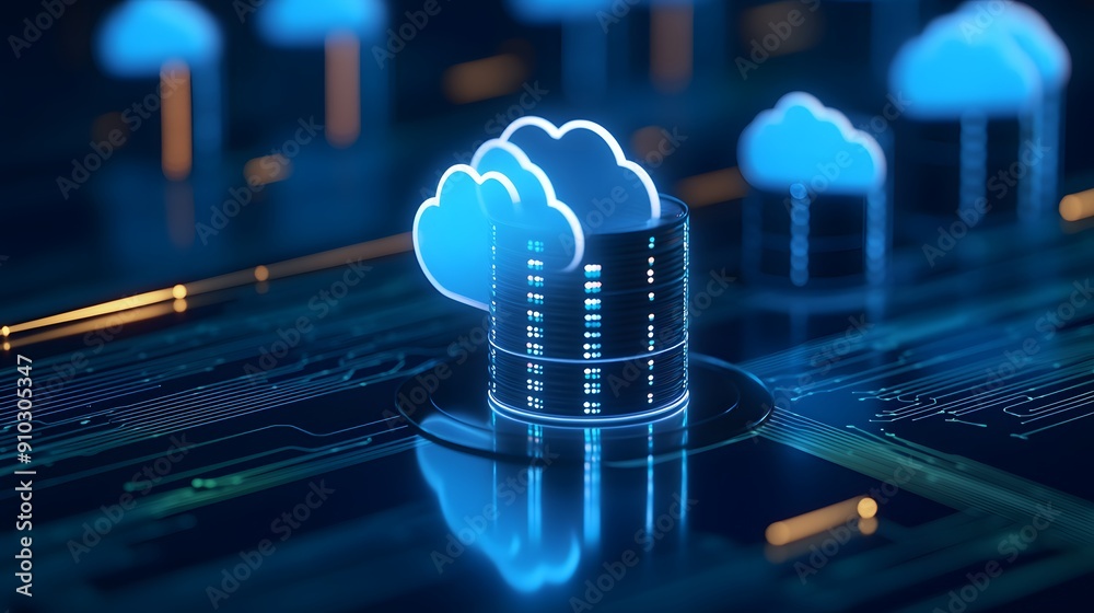 Futuristic digital cloud storage concept with glowing server icons and ...