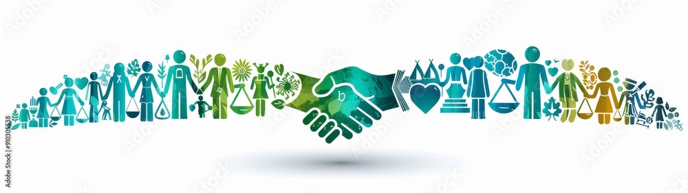 equity elements, including balanced scales, a handshake, diverse people ...