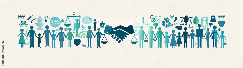 equity elements, including balanced scales, a handshake, diverse people ...