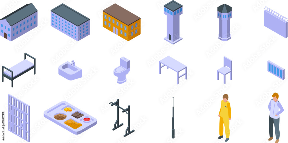 Prison building icons set. Prison life isometric icons set illustrating ...