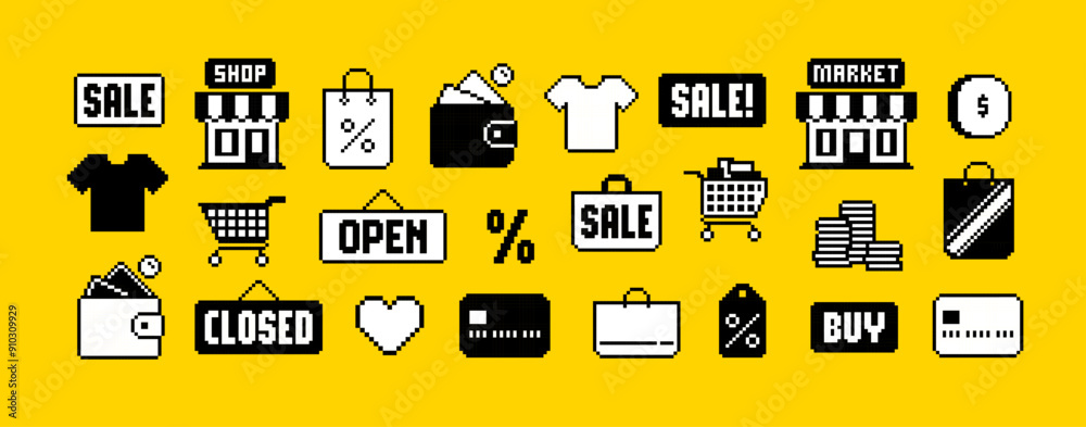 Simple Pixel shopping and money icon set - vector template. Pixel shop ...