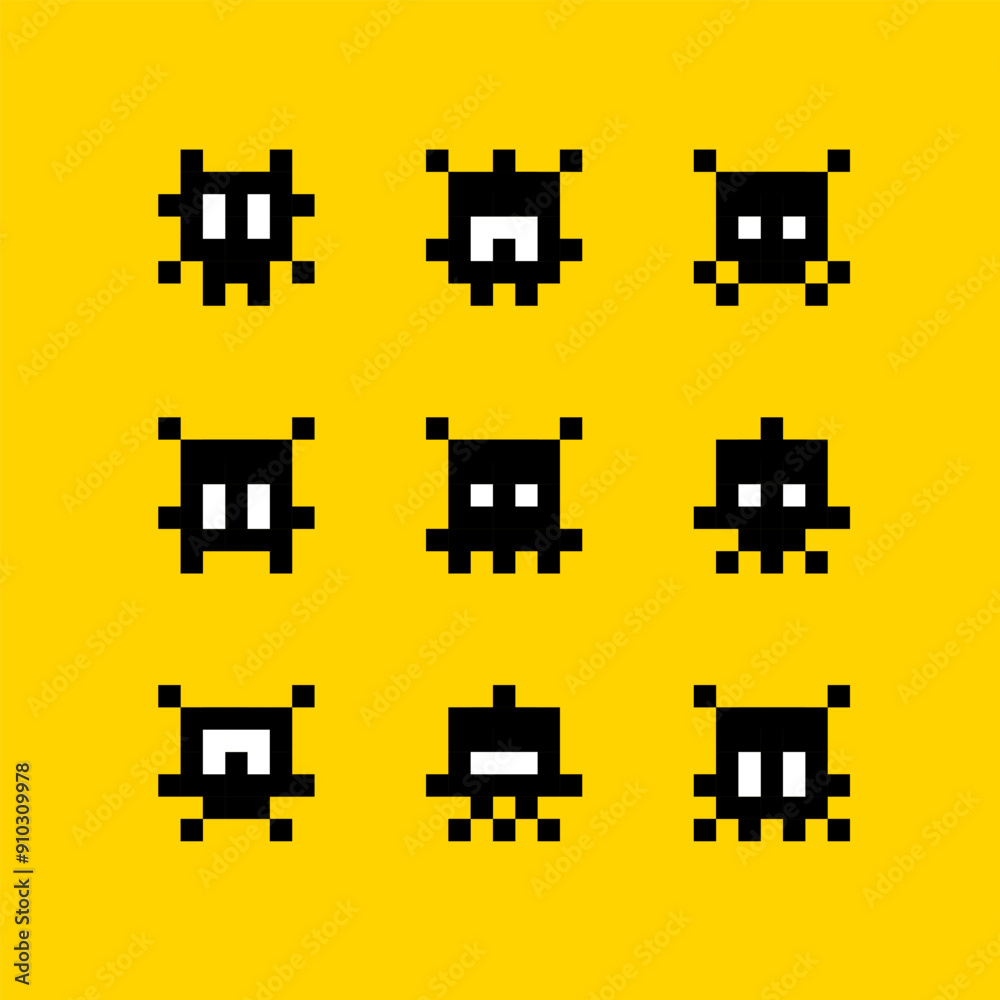 8-bit space arcade icons of Pixel Art UFO aliens character set in retro ...