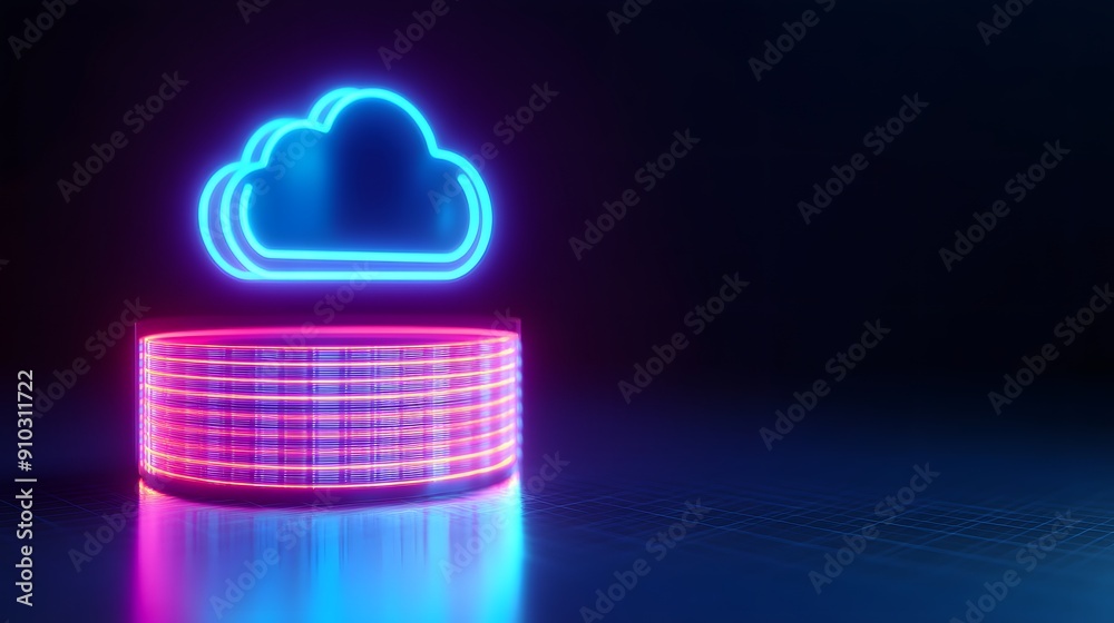 Futuristic neon cloud icon above a vibrant, glowing platform on a dark background, representing ...
