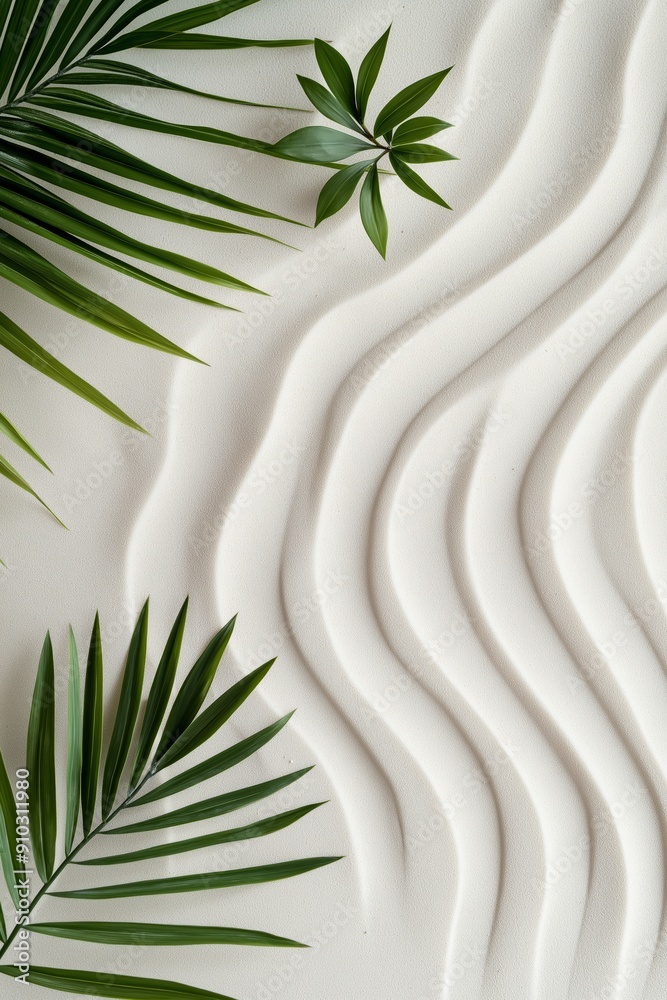 A leafy green palm tree is placed on a sandy beach. The palm tree is ...