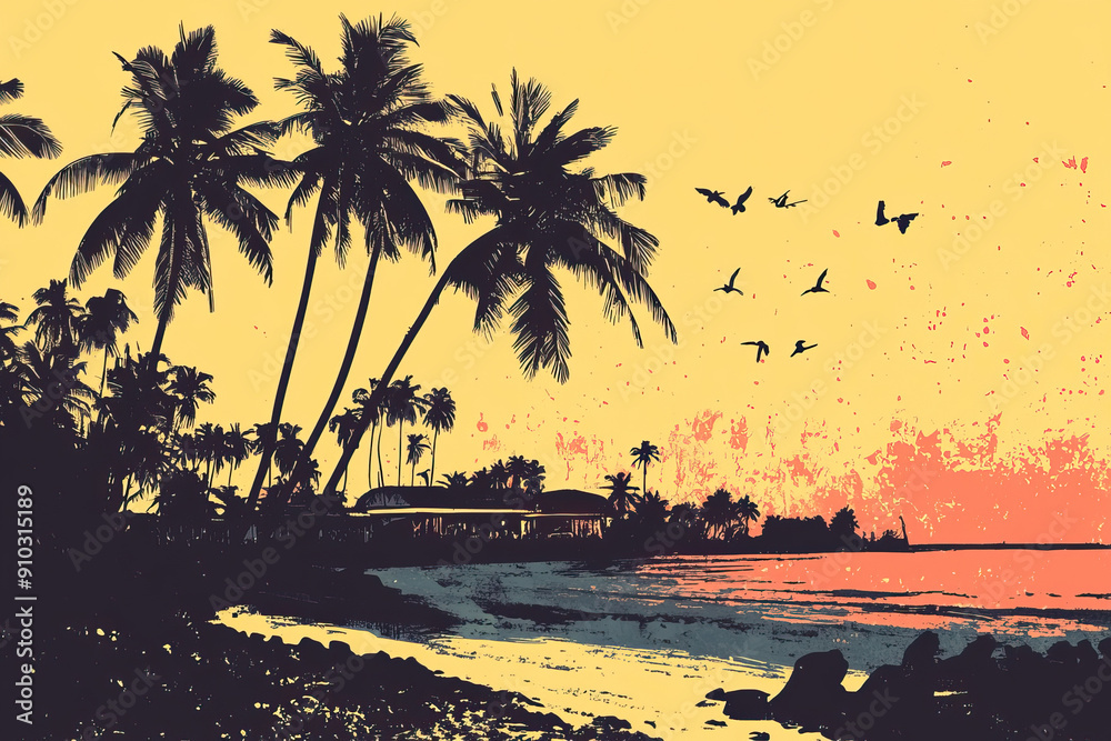 Risograph stencilled riso print travel poster, card, wallpaper or ...