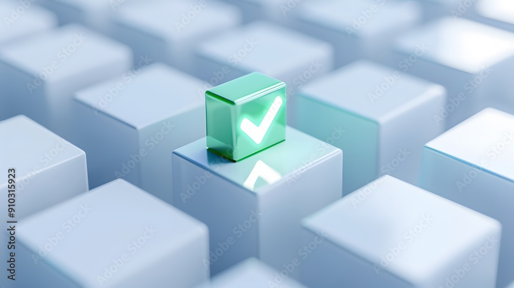 Green checkbox cube stands out among white cubes, symbolizing choice ...