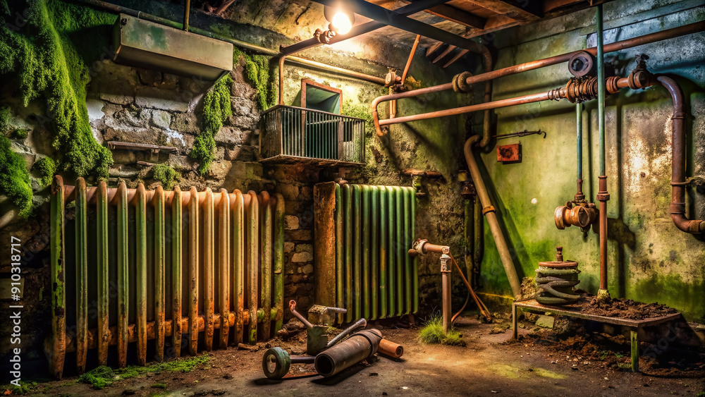 Old-fashioned copper pipes and radiators in a dimly lit basement with ...