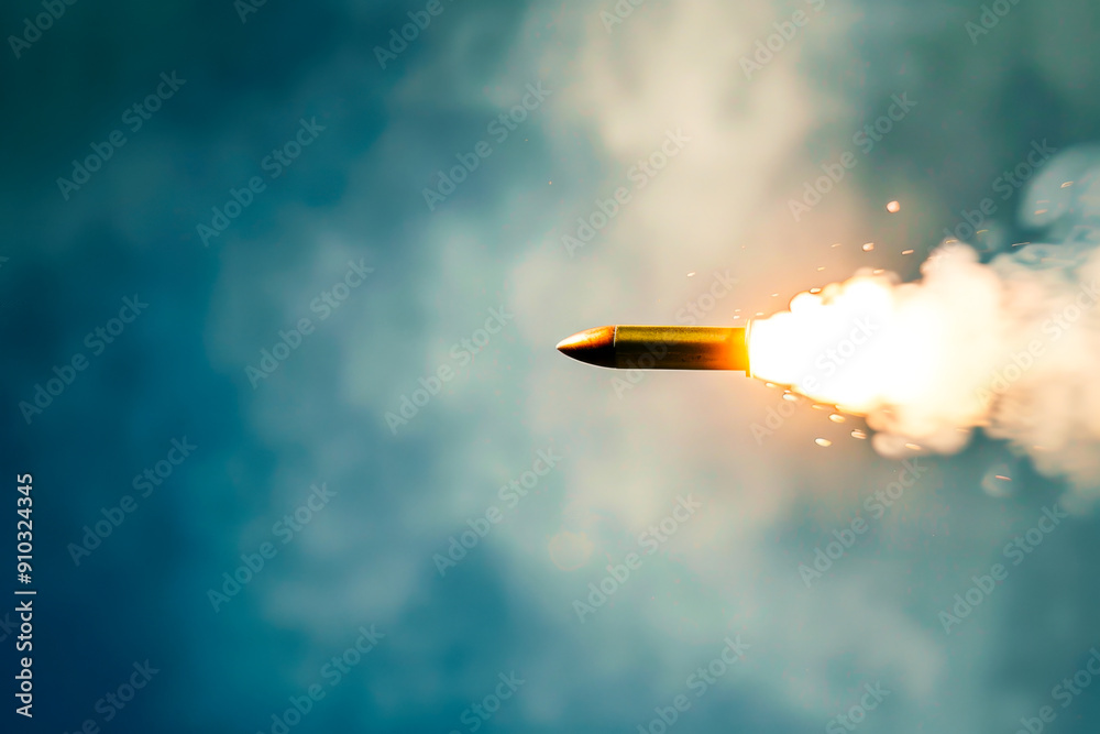 A high-speed photograph capturing a fired bullet in stopped motion ...
