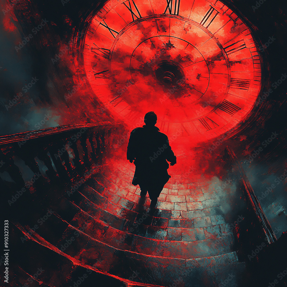 Time Traveler Man walking around large red-illuminated clock face ...