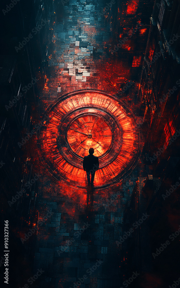 Time Traveler Man walking around large red-illuminated clock face ...