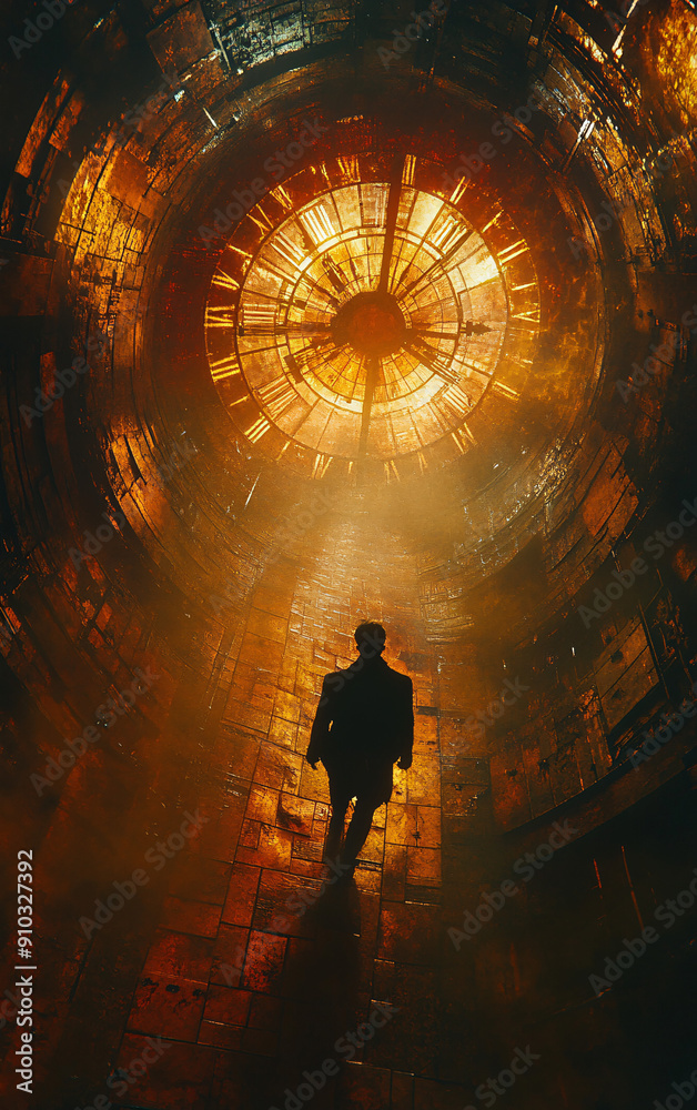 Time Traveler Man walking around large red-illuminated clock face ...