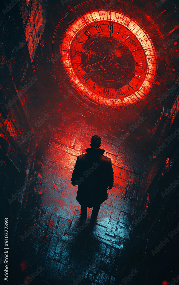 Time Traveler Man walking around large red-illuminated clock face ...