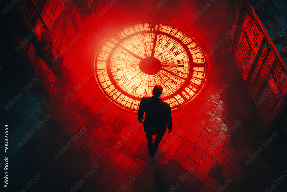 Time Traveler Man walking around large red-illuminated clock face ...