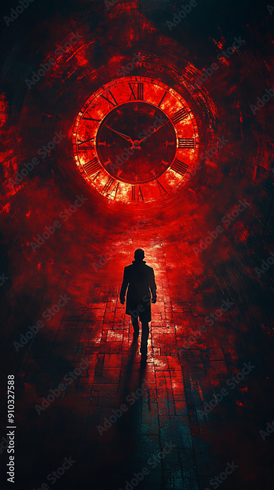 Time Traveler Man walking around large red-illuminated clock face ...
