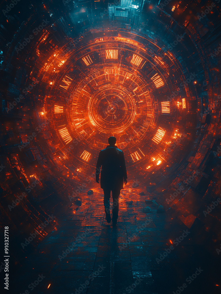Time Traveler Man walking around large red-illuminated clock face ...