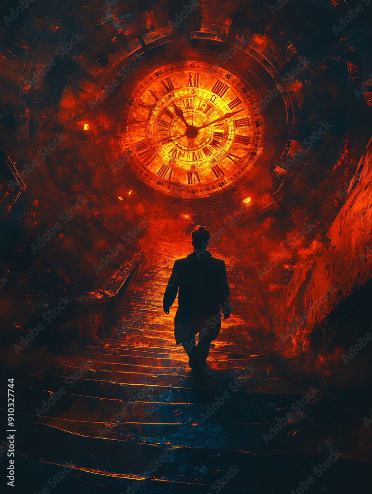 Time Traveler Man walking around large red-illuminated clock face ...