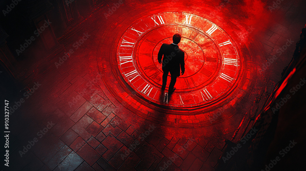 Time Traveler Man walking around large red-illuminated clock face ...