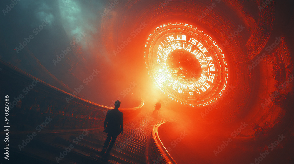 Time Traveler Man walking around large red-illuminated clock face ...