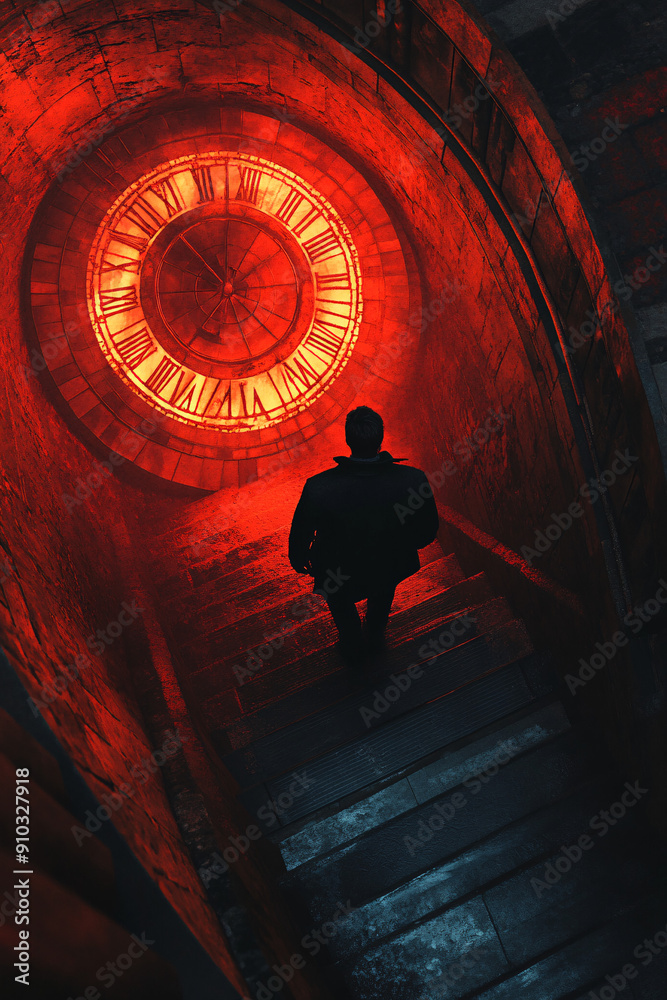 Time Traveler Man walking around large red-illuminated clock face ...